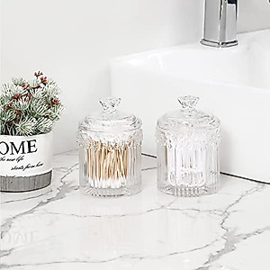 rejomiik 2 Pack Qtip Holder Glass Apothecary Jars with Lids Bathroom Accessories Vanity Organizers and Makeup Storage Canister for Cotton Ball, Cotton Swab, Floss, Candy, Clear