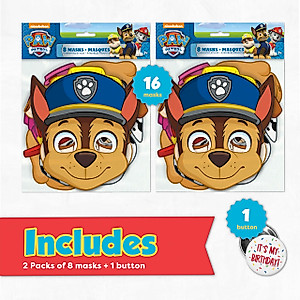 Unique Paw Patrol Masks for Kids Birthday Party Favors and Decorations with Buttons - 16 Pack