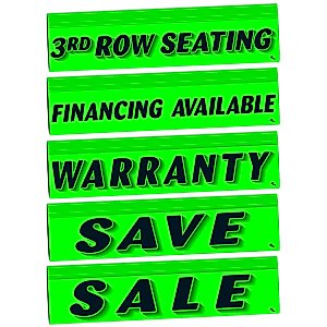 Versa Tags Windshield Slogan Stickers 12 Pack Each of 3RD Row Seating, FINANCING Available, Warranty, Save, Sale (60) Window Stickers Total Dealership Stickers Black On Green