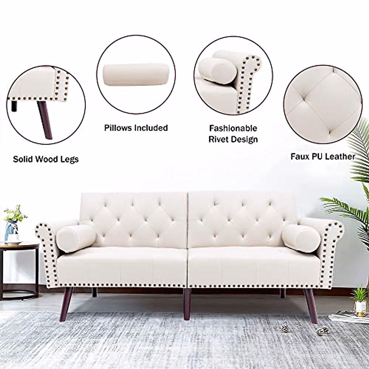 SUN & SUMMER Futon Sofa Bed for Living Room Loveseat Sectional Sofa Convertible Sleeper PU Leather Tufted Couch with 2 Bolster Pillows Beige