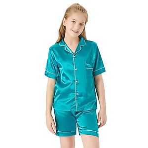 Topgal Big Girls Pajamas Size 10 – Lovely Teal Satin Short Sleeve & Shorts PJ Set Sleepwear