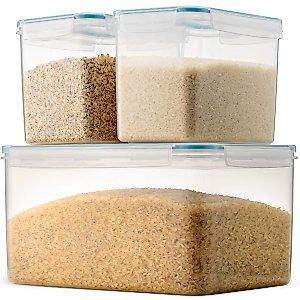 Komax Biokips Extra Large Rice Container – Airtight Food Storage Containers for Rice, Baking Supplies, or Dry Food – 48.6 Cups Rice Dispenser w/Handle + 2 Nestable 15.2 Cups Food Containers (3-Pack)