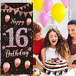 Lnlofen 16th Birthday Door Banner Decorations for Girls, Large 16 Year Old Birthday Party Door Cover Backdrop Supplies, Happy Sixteen Birthday Poster Sign(Rose Gold)