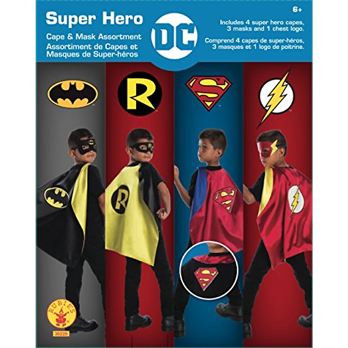 Rubies Super Hero Cape Set AMAZON EXCLUSIVE Officially licensed DC Comics Assortment 4 Capes, 3 Masks, and 1 Chest Piece, One Size
