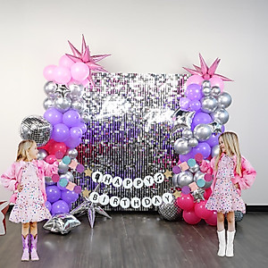 Pink purple silver music fans Balloon garland arch kit 140pcs disco ball Star mylar balloon & singer friendship Bracelets Shape Banner for girl sweet16 birthday Concert theme prom decorations