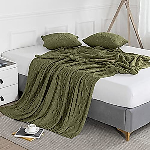 Milvowoc Olive Green Throw Blanket and Pillow Covers Set, 50" x 60" Cable Knit Throw Blanket + 2 Pieces 18" x 18" Knitted Throw Pillowscase, Decorative Throw Blankets Knitted Blanket for Sofa Couch