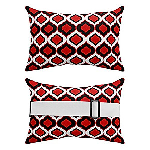 Recliner Head Pillow Ledge Loungers Chair Pillows with Insert Red and Black Moroccan Pattern Geometric Lumbar Pillow with Adjustable Strap Outdoor Waterproof Patio Pillows for Beach Pool, 2 PCS