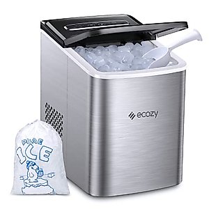 ecozy Portable Ice Maker Countertop, 9 Cubes Ready in 6 Mins, 26 lbs in 24 Hours, Self-Cleaning Ice Maker Machine with Ice Bags/Ice Scoop/Ice Basket for Home Kitchen Office Bar Party, Silver