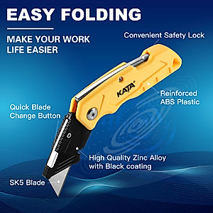 KATA 4-PACK Folding Utility Knife, Heavy Duty Box Cutter with 20pcs SK5 Quick Change Blades, Safety Lock Back Design, Used for Cutting Cartons, Cardboards and Boxes