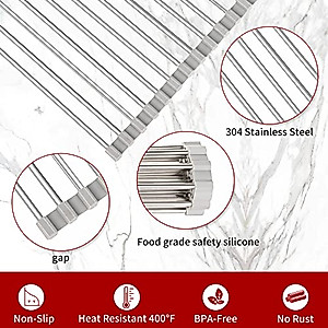 YQMYXG Over The Sink Dish Drying Rack, Roll Up Dish Drying Rack Kitchen Dish Rack Stainless Steel Sink Drying Rack, Foldable Wire Dish Drying Rack for Kitchen Sink Counter (17.7 * 15.7in, Gray)