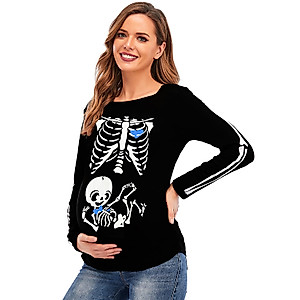 Women's Halloween Skeleton Baby Boy Maternity Shirt Skeleton Long Sleeve Pregnant Outfits Tops L