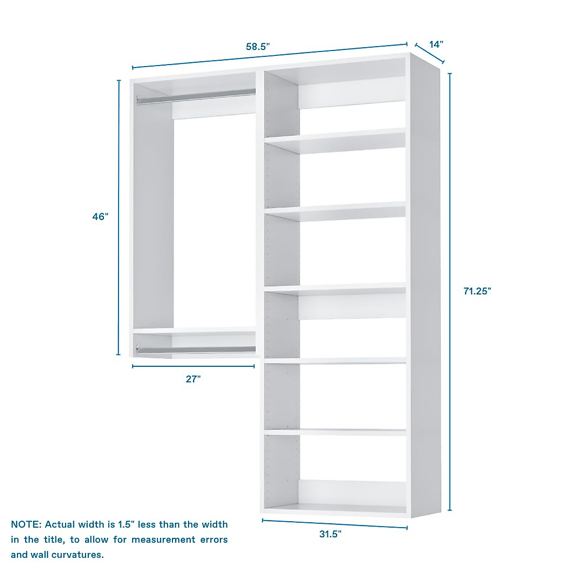 Closet Kit with Hanging Rods & Shelves - Corner Closet System - Closet Shelves - Closet Organizers and Storage Shelves (White, 60 inches Wide) Closet Shelving