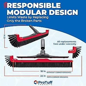 ProTuff Products Pool Brush Head - 3X Faster & Lifetime Replacement - Clean Walls & Corners Faster w/Sturdy 22” Wide Bristles & Removable Ends - Premium Pool Cleaning Equipment
