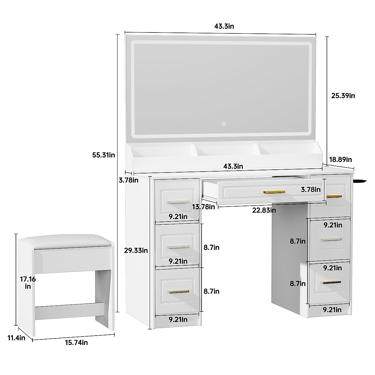Homesflex Vanity Desk with Mirror and LED Lights, 43'' W Makeup Vanity Desk with Power Outlet, 3 Color Modes, 7 Drawers Vanity Table with Chair, Dressing Table for Bedroom, Dressing Room (White)