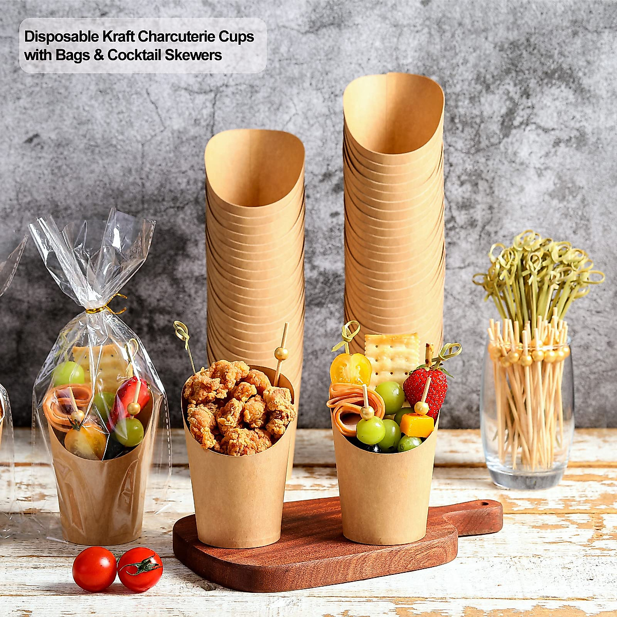 60 Sets Disposable Charcuterie Cups with Sticks and Bags, 14 oz Brown Kraft Paper Snack Boxes Appetizers Cup French Fry Holder with Cocktail Skewers Toothpicks Tooth Picks(60 Cups+60 Bags+200 Sticks)