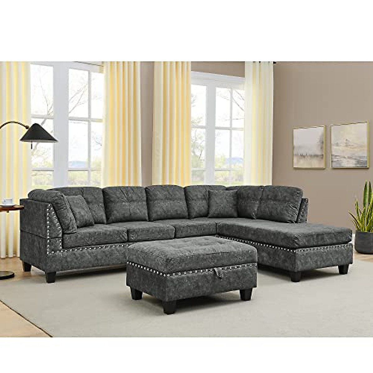 UBGO Furniture, L-Shape Set,Modern Upholstered Living Room Sectional Reversible Chaise,Couches Sofas for Large Space Dorm Apartment-Gray