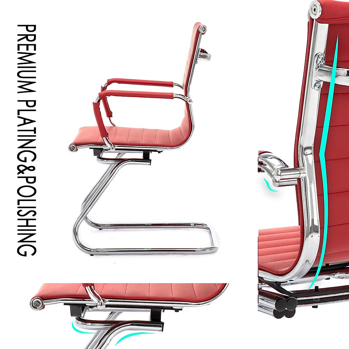 DM Furniture No Wheels Reception Chairs Guest Chair Leather Conference Chairs Back Support Heavy Duty Office Chair, Set of 2 (Deep Red)