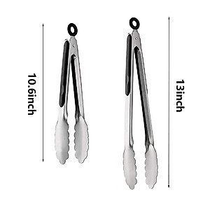 ALLTOP Metal Cooking Tongs,Stainless Steel Food Tong with No-slip Silicon and Locking Ring for Kitchen - 9 &12 inch,Set of 2-Black
