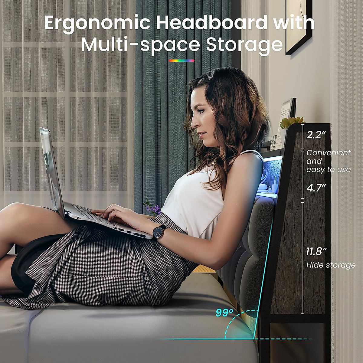 Flexpedic Queen Size Bedframe, Ergonomic Headboard with Multi-Space Storage, Platform Bed Frame Full Size with Charging Station and Adjustable RGB LED Lights, Strong Weight Capacity, Easy Assembly