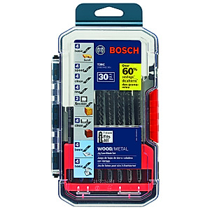 BOSCH 7.2 Amp Barrel-Grip Jig Saw Kit JS572EBK&BOSCH T30C T-Shank Multi-Purpose Jigsaw Blades, 30 Piece, Assorted, Jig Saw Blade Set for Cutting Wood and Metal