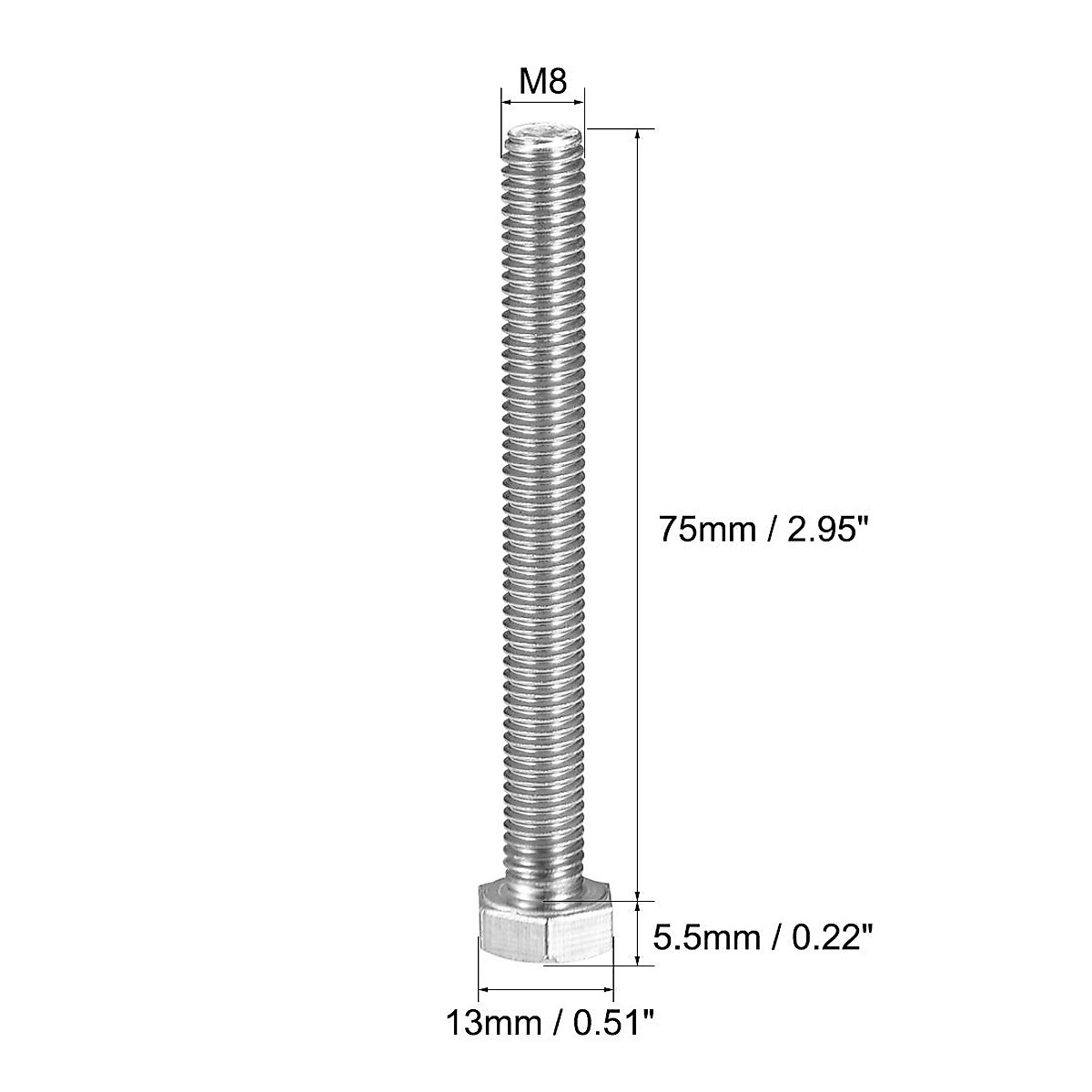 uxcell M8x75mm Hex Bolts 304 Stainless Steel Hexagon Screw Bolt 8pcs