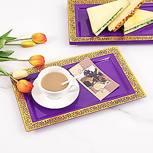 U-QE 8 Pack Rectangle Plastic Serving Tray - Purple & Gold Rim Disposable Serving Trays and Platters for Food - Platters for Serving Food - Party, Wedding, Dessert Table, Cupcake display - 13x8 inches