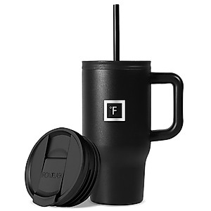 IRON FLASK Co-Pilot Insulated Mug w/Straw & Flip Cap Lids - Cup Holder Bottle for Hot, Cold Drink - Leak-Proof - Water, Coffee Portable Travel Mug - Midnight Black, 16 Oz