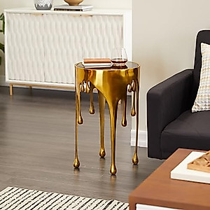 Deco 79 Aluminum Drip Accent Table with Melting Designed Legs and Shaded Glass Top, 16" x 16" x 25", Gold