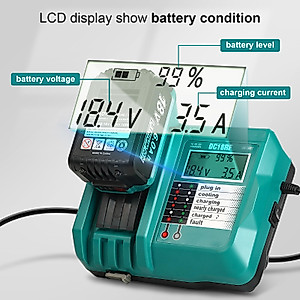 YongerTool BL1860 18V 6.0Ah Battery and Charger for Makita,New Version DC18RC Charger with LCD Display Cooling Fan Compatible with LXT Li-ion Battery BL1850 BL1840 BL1830 BL1820 BL1815