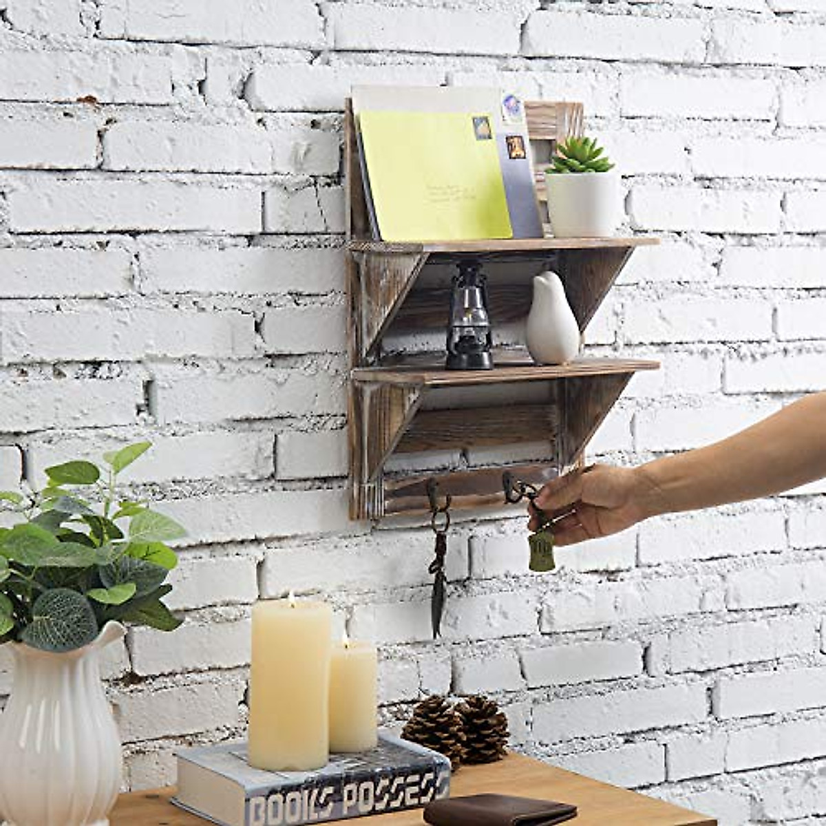 MyGift 2-Tier Torched Whitewashed Wood Wall Mounted Shelf Rack with Key Hooks, Entryway Storage Display Shelves, Bathroom Shelving and Towel Hooks, 7 x 13-Inches