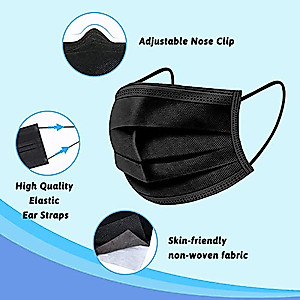 Black Disposable Face Masks - 50 Pack Black Masks for Women and Men，3 Ply Breathable Adult Face Masks