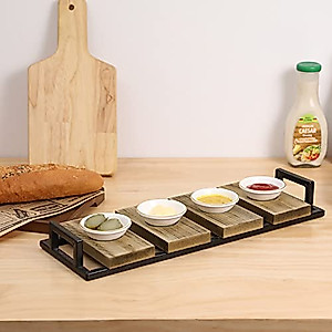 MyGift Black Metal and Burnt Wood Condiment Tray with Handles, White Ceramic Dipping Sauce Bowls for Dip or Appetizers Serving Tray