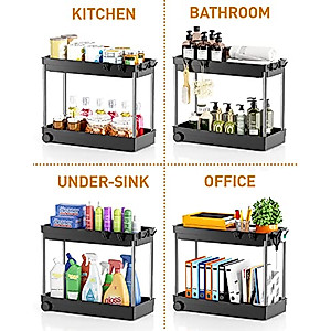 Under Sink Organizer, 2 Tier Under Bathroom Cabinet Storage, Pull Out Under Sink Storage Rack, Under Cabinet Organizer and Storage with Hooks, Multi-purpose Shelf Organizer for Bathroom/Kitchen