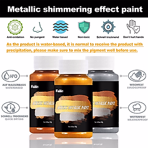 Wadities Acrylic Paint Metallic, 3pcs 13.5oz(375g) Gold & Silver & Bronze, Gold Leaf Paint for Art Painting, Ideal for Canvas, Wood, Clay, Fabric, Ceramic, Stone, Glass Craft Supplies