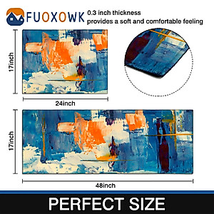 Fuoxowk Turquoise Teal Modern Abstract Kitchen Rug Set,Blue Orange Artistic Painting Decorative Runner Rugs with Rubber Backing,Throw Rugs Washable for Kitchen Sink,Laundry Room,Standing Desk,Boho