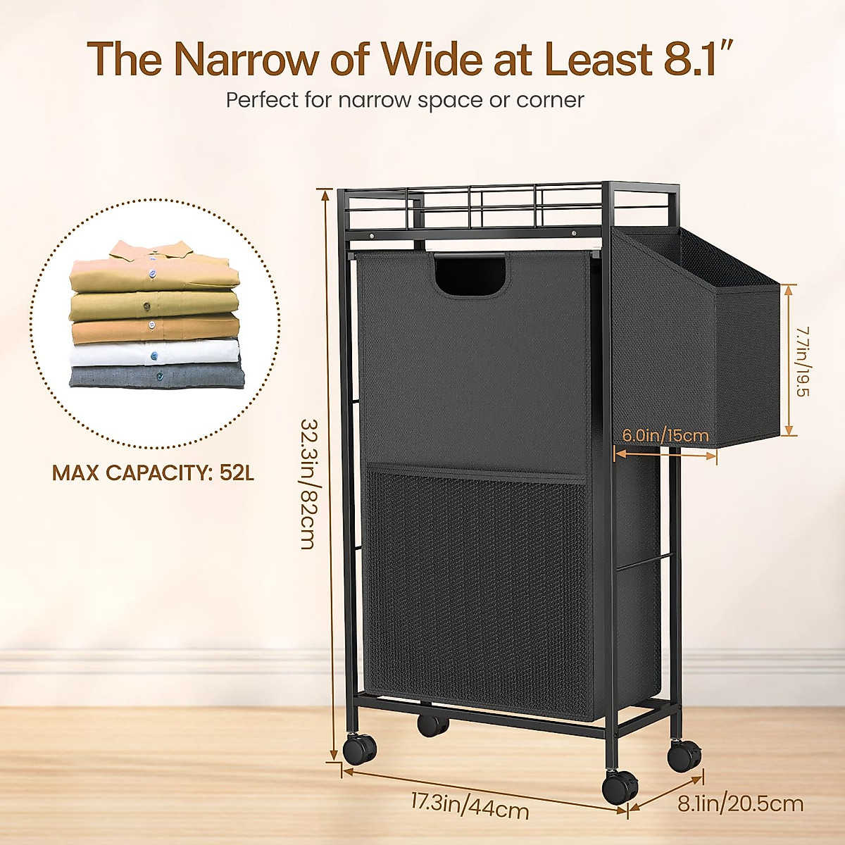 LASZOLA Slim Laundry Hamper with Wheels & Lid, 52L Thin Narrow Laundry Basket with Handle for Small Spaces, Tall Rolling Skinny Clothes Hamper with Removable Liner Bag, Side Pockets and Net Bag, Black