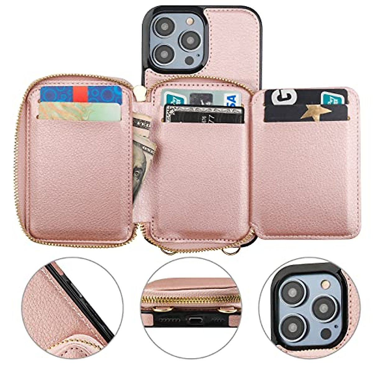 Bocasal RFID Blocking Wallet Case for iPhone 14 Pro Max, Adjustable Crossbody Zipper Purse Case Card Holder with Kickstand Detachable Wrist Strap, PU Leather Flip Folio Case 6.7 Inch 5G (Rose Gold)