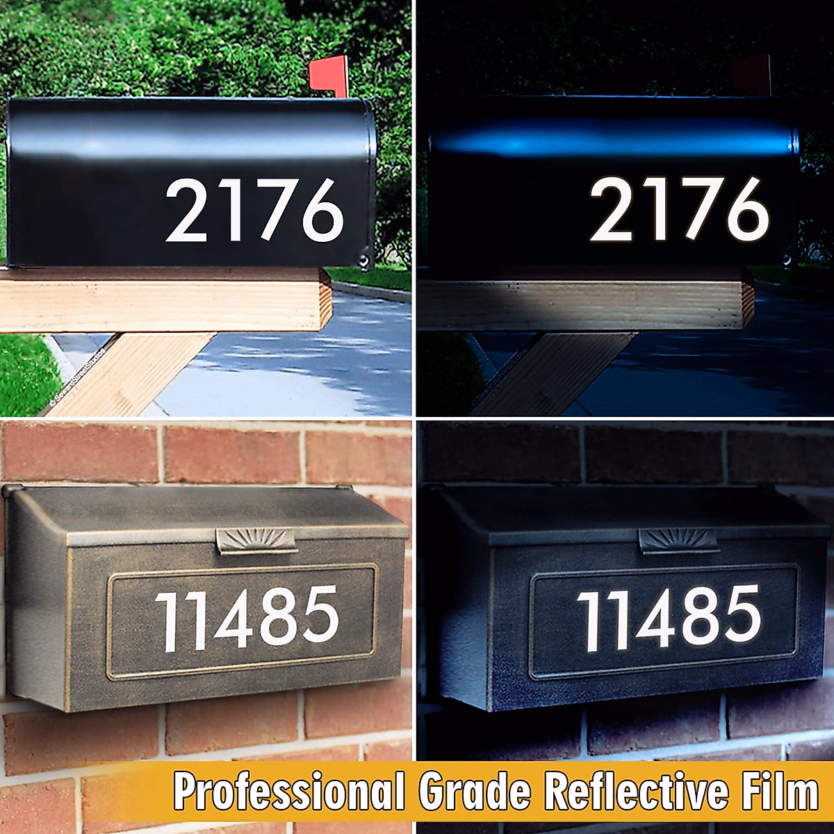 2 inch Reflective Mailbox Numbers for Outside Sticker, Modern Mailbox Number (0-9, 4 Sets) Premium Decal Die Cut and Pre-Spaced - for House, Trash Cans - Self Adhesive Numbers