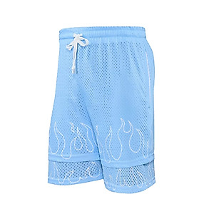 BOOMLEMON Men's Basketball Shorts Gym Workout Athletic Running Shorts Mesh Graphic Print Casual Short Pants(Blue L)