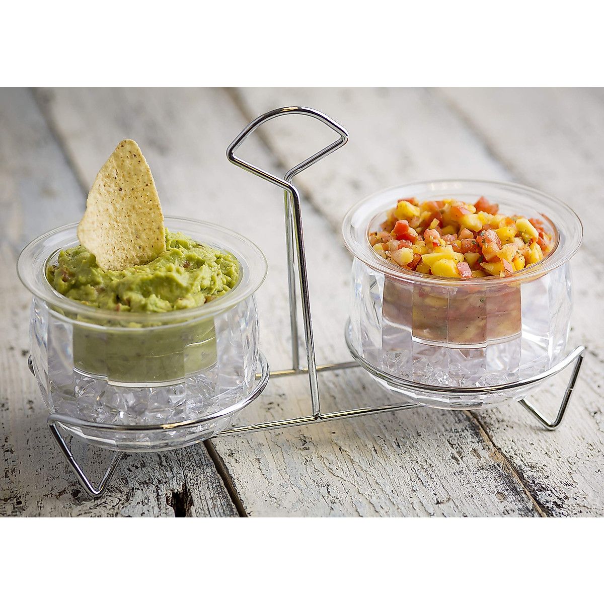 Tablecraft Set with Rack, Polystyrene & Chrome Plated Metal, (2) 14oz, 14 oz, Chiller Dip Bowl (Set of 2)