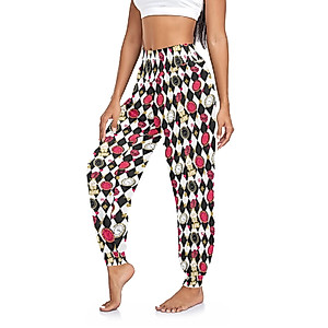 Fustylead Alice Chess Board Women's Smocked Waist Yoga Boho Harem Pants Joggers Athletic Pants