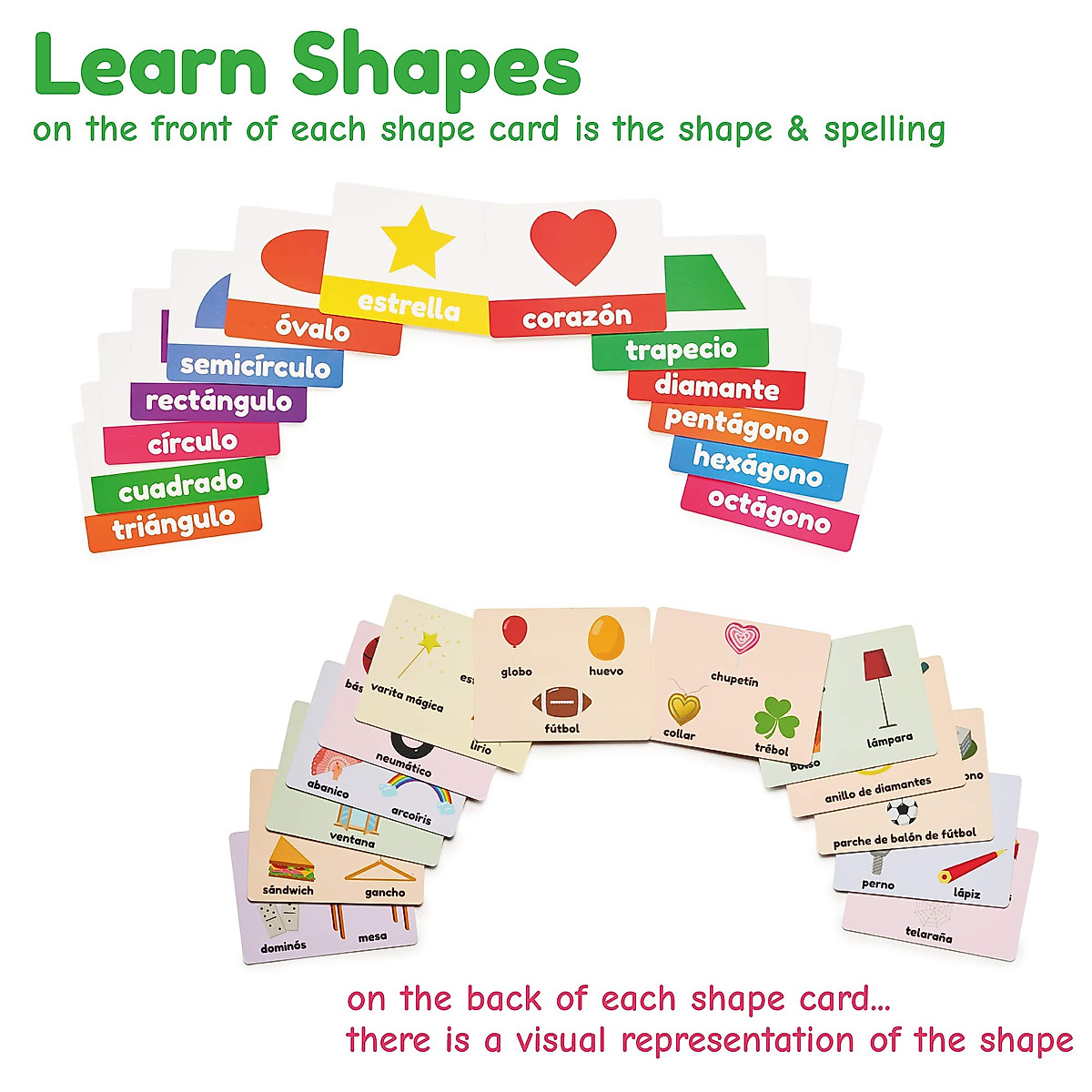 Spanish Flash Cards for Kids and Toddlers - 101 Cards - 202 Sides - Learn Shapes, Numbers, Colors, Body Parts, Counting, Letters & More - Great Value, Fun Learning and Educational Flashcards