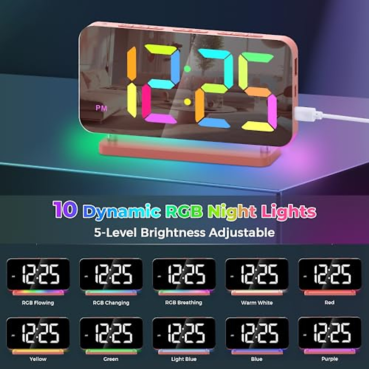 Poeroa RGB Digital Alarm Clock,7.4 in LED Desk Clock with Night Light,USB C Charger Port,Auto Dimming,Acrylic Mirror Clock for Teens Girl Adults Bedroom Decor - Pink
