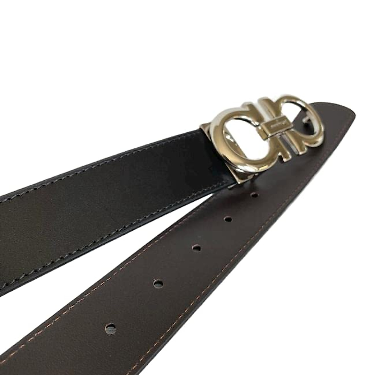 SALVATORE FERRAGAMO Adjustable & Reversible Gancini Belt, Silver Buckle…