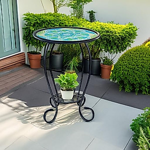 HONGLAND Mosaic Outdoor Side Table, 14" Round Patio Side Table, Mosaic Plant Stand, End Table W/Storage Shelf, Small Bistro Coffee Table for Garden Patio Porch Living Room(Green)