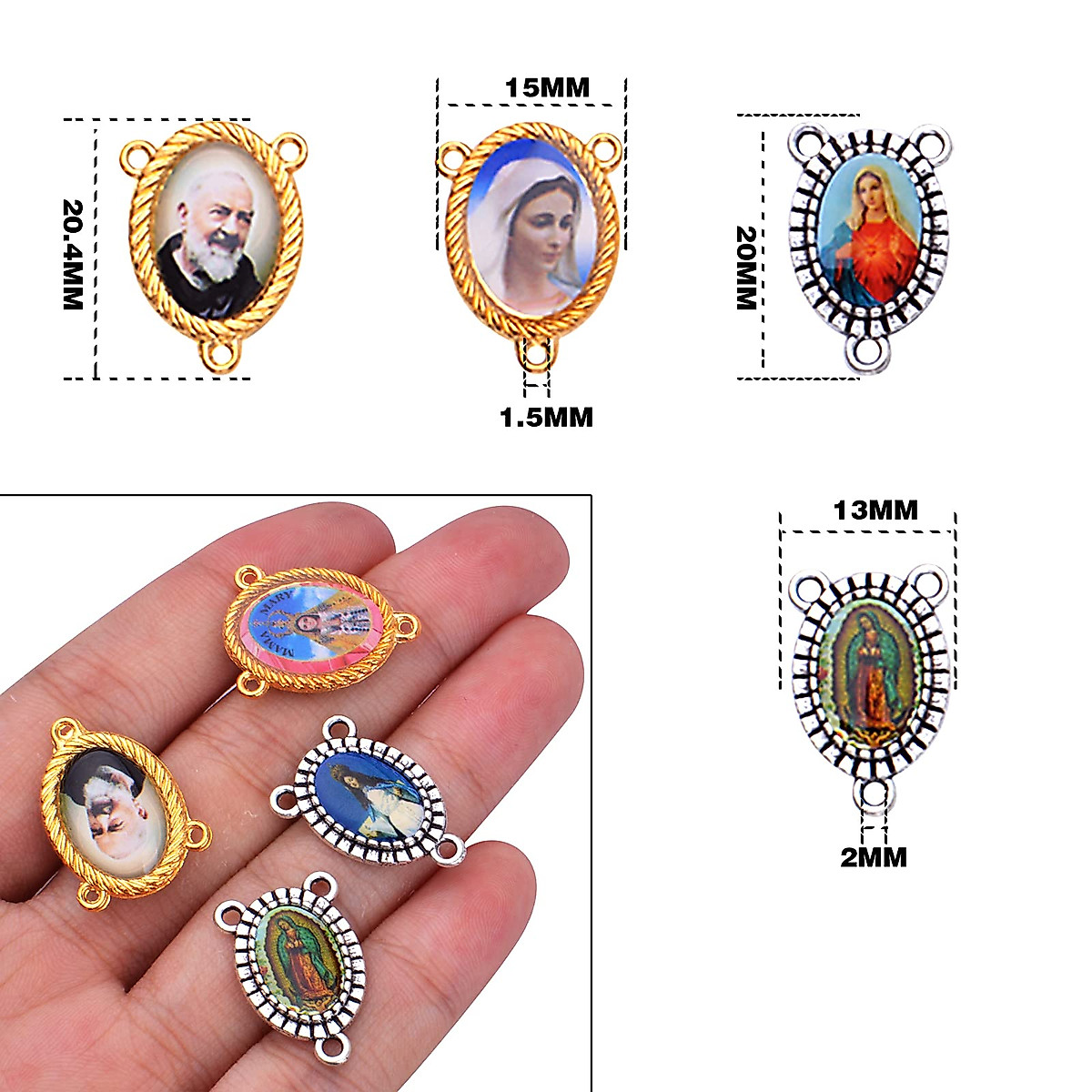 20pcs Mixed Pictures Oval Virgin Mary Miraculous Medal Floral Rosary Centerpiece Alloy Jesus Crucifix Cross Pendants Charms Connectors for DIY Jewelry Making, Gold, Silver