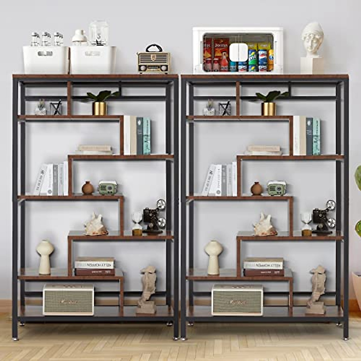 JOMEED 7-Tier Industrial Bookshelf for Bedroom,Large Etagere Bookcase Open Display Shelves with Metal Frame for Living Room Home Office，Asymmetrically Designed