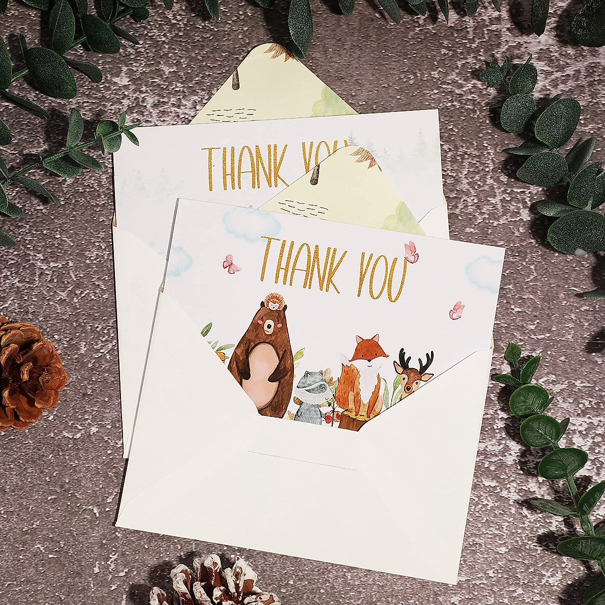 Zonon 72 Pieces Woodland Thank You Cards 36 Forest Envelopes and 36 Bear Forest Greeting Thank You Cards Animal Blank Notes Card for Baby Shower Party