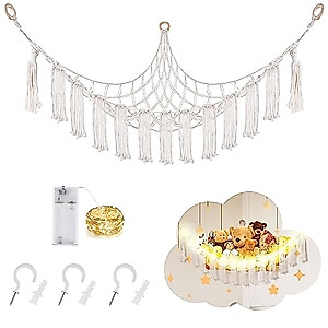 Stuffed Animal Hammock with LED Light, Macrame Net for Stuffed Animals Corner, Hanging Stuffed Animal Net or Hammock, Toy Hammock for Stuffed Animals Storage for Kids Toy Storage, White
