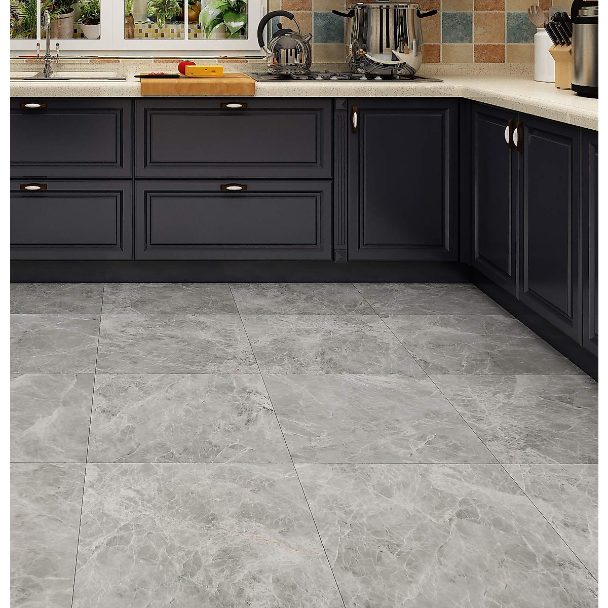 Livelynine Peel and Stick Floor Tile 12X12 Inch Grey Concrete Vinyl Flooring Peel and Stick Tile for Kitchen Flooring Bathroom Lamiante Flooring Waterproof Linoleum Flooring Tiles Sticky, 4 Pack